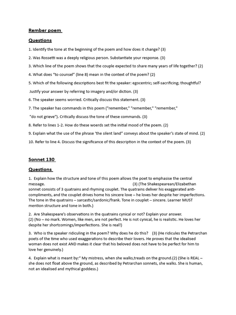 Grade 12 Term 1 Poem Questions | PDF | Poetry | Sonnets