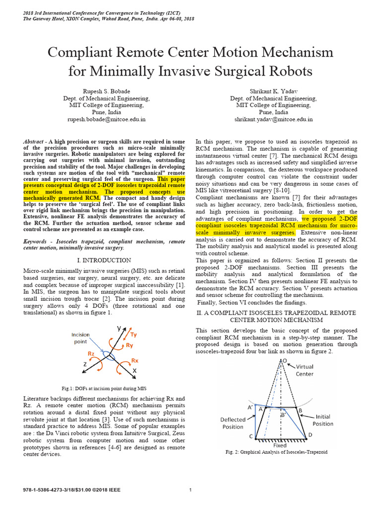 33. Compliant Remote Center Motion Mechanism for Minimally Invasive Surgical Robots | PDF ...
