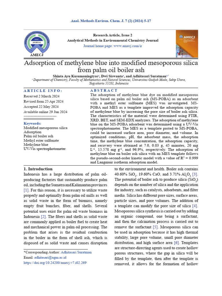 Adsorption of Methylene Blue Into Modified Mesopor | PDF | Adsorption ...