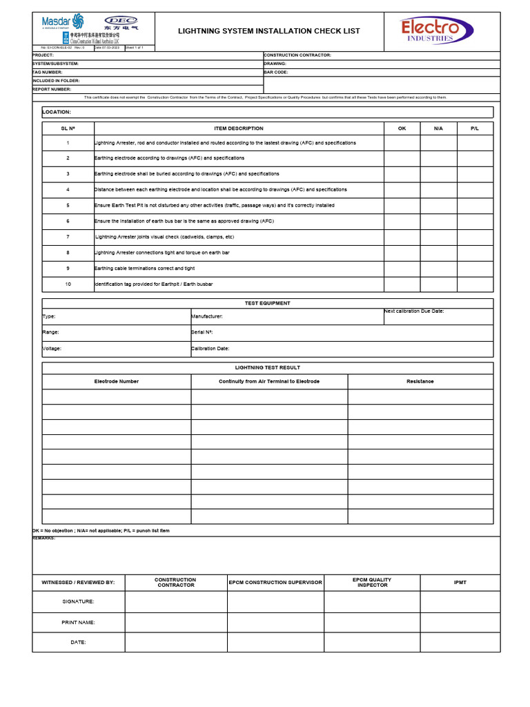 EI CON ELE 02 Lightning System Installation Check List | PDF | Manufactured Goods | Electromagnetism