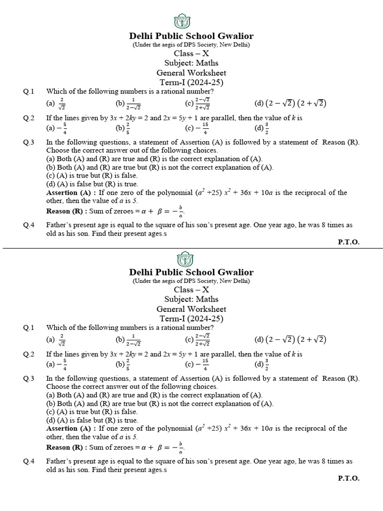 Class X Maths Worksheet Term-I 2024-25 | PDF | Numbers | Mathematical ...