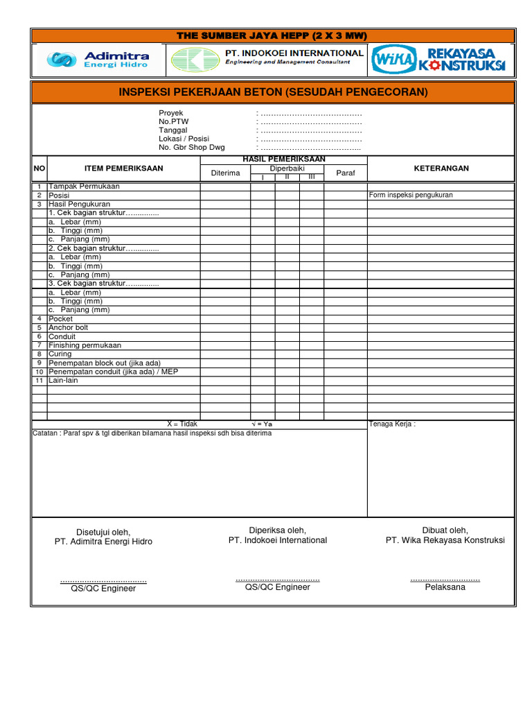 5d. Form-Inspeksi Pek Beton (Sesudah Pengecoran) | PDF