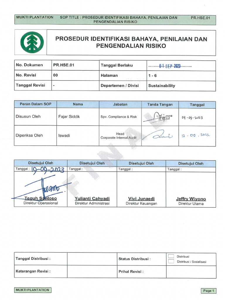 PR.HSE.01 - SOP Identifikasi Bahaya, Penilaian dan Pengendalian Risiko | PDF