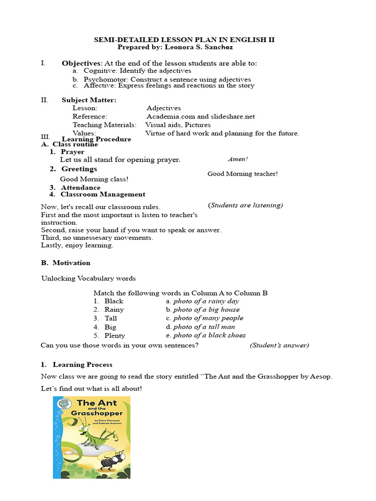 Updated Lesson Plan Eng.3 - Leonora Sanchez | PDF | Adjective | Lesson Plan