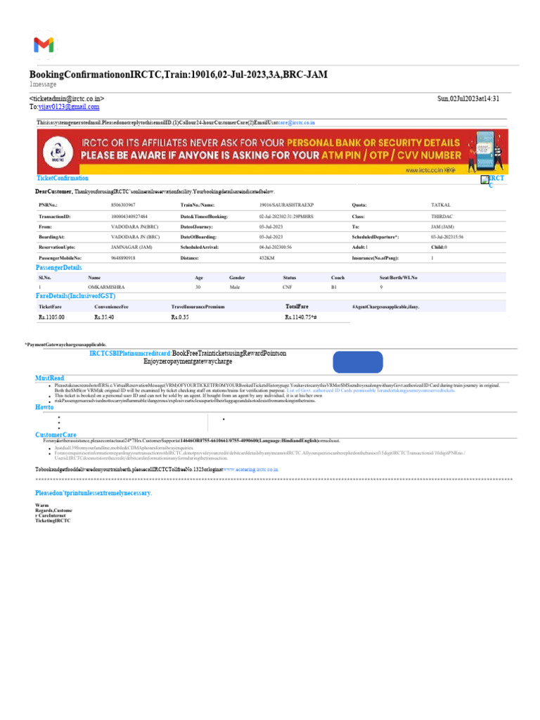 Gmail - Booking Confirmation On IRCTC, Train - 19016, 31-Jul-2023, 3A ...