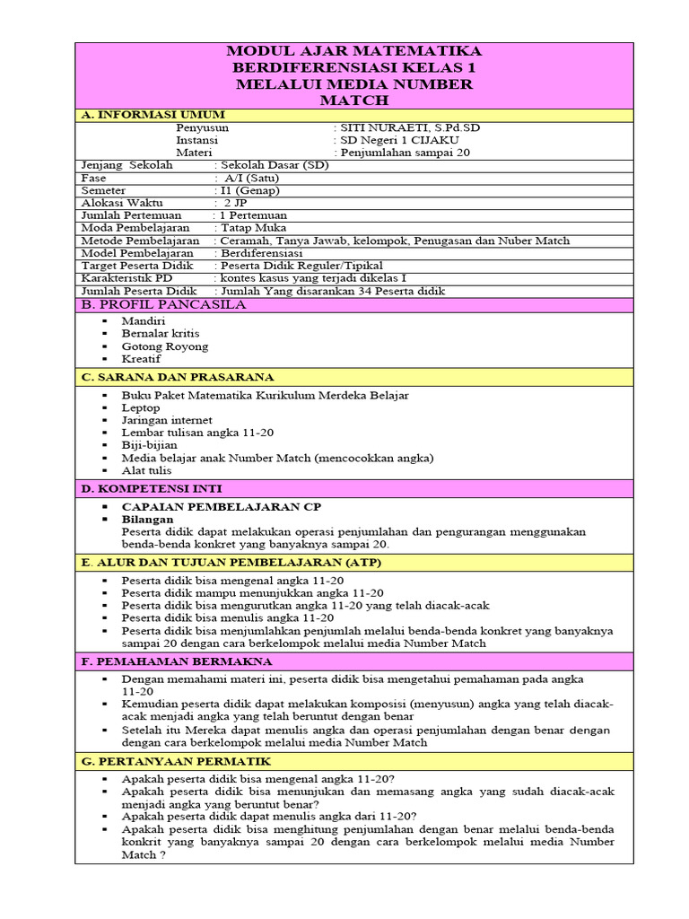 Modul Ajar Berdiferensiasi Kelas 1 | PDF