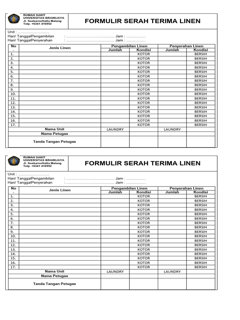Formulir Serah Terima Linen 1 | PDF