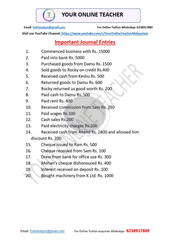 20 Important Journal Entries | PDF | Cheque | Banks