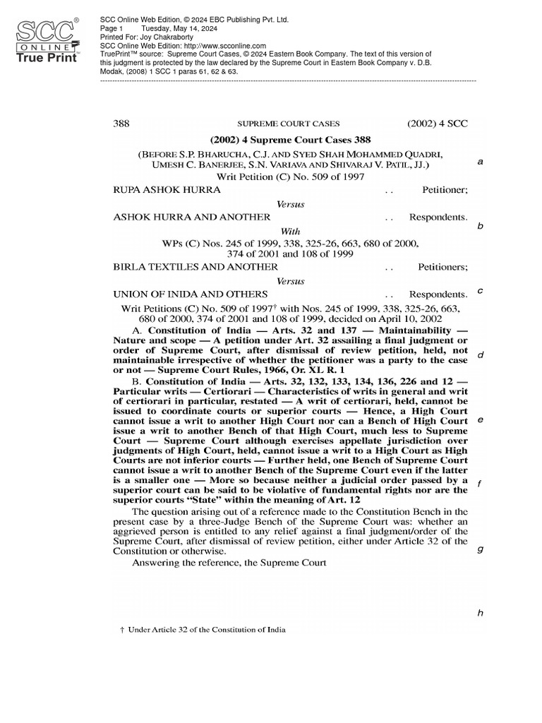 Roopa Hurra vs. Ashok Hurra (CURATIVE PETITION) Judgment | PDF | Separation Of Powers | Law Of ...
