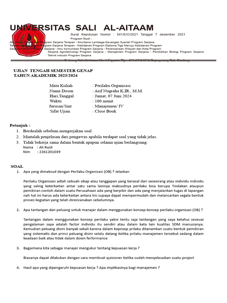 UTS Perilaku Organisasi - Ali Rusli - 2261201039 smt4 | PDF