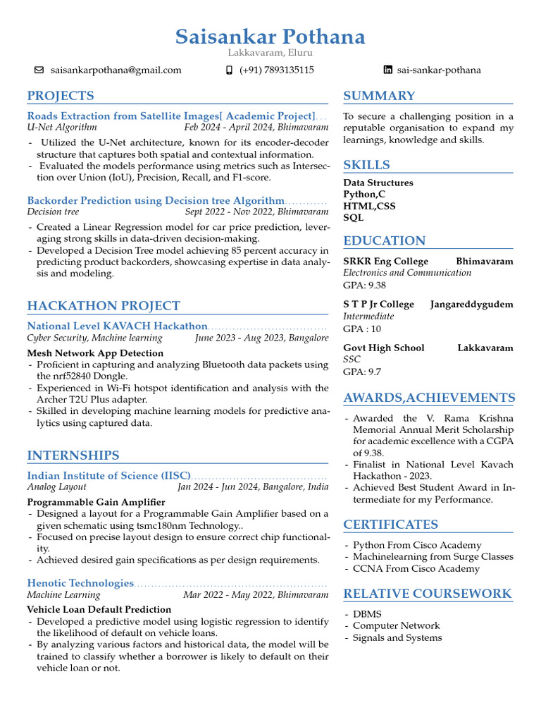 Two-Column CV Template for Saisankar | PDF | Machine Learning ...