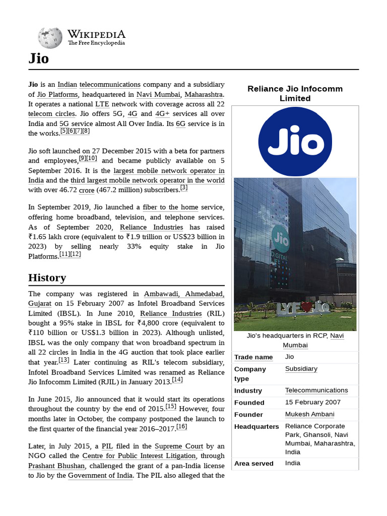 Relince Jio Wikipidia | PDF | Telecommunications | Service Industries