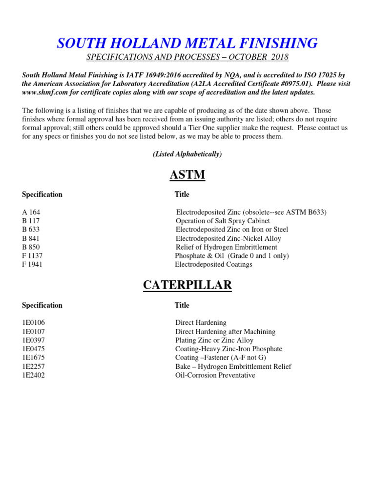 South Holland Metal Finishing Specs | PDF | Screw | Steel