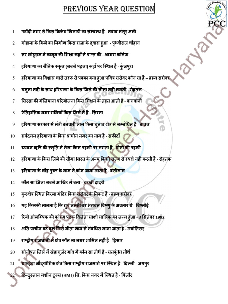 Haryana GK Previous Questions | PDF