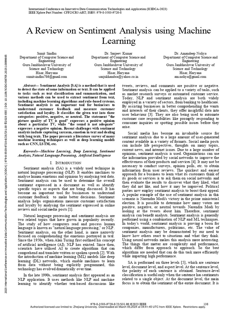 A Review On Sentiment Analysis Using Machine Learning | PDF | Machine Learning | Deep Learning