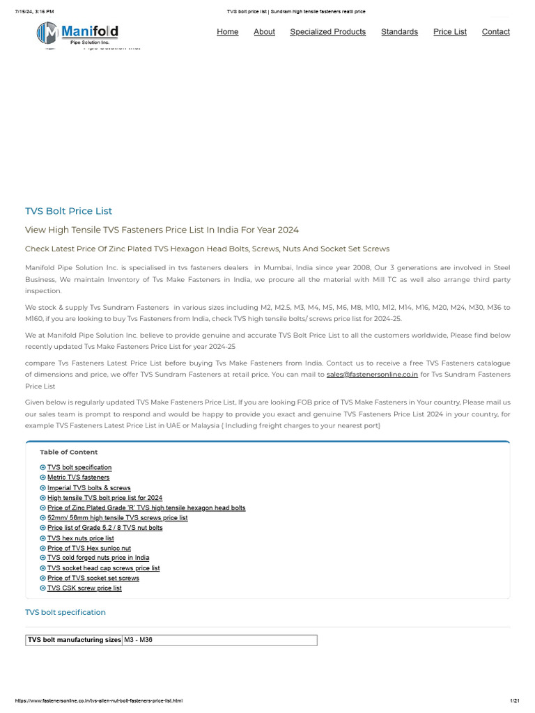 TVS Fasteners Price List 2024-25 | PDF | Screw | Nut (Hardware)