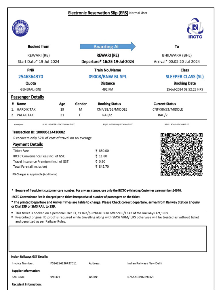 09008/BNW BL SPL Sleeper Class (SL) | PDF | Identity Document