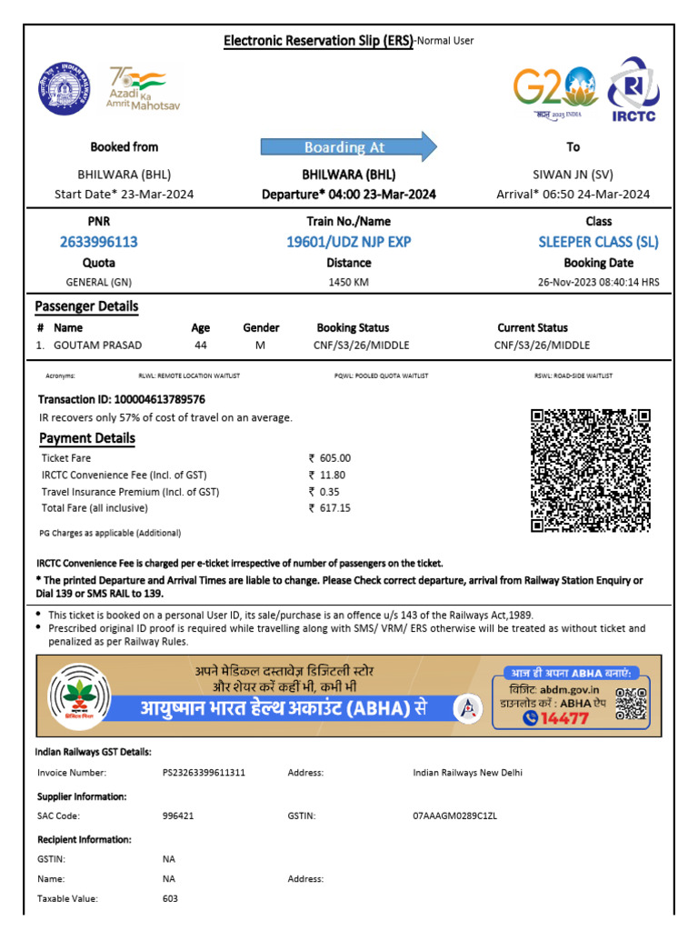 19601/UDZ NJP EXP Sleeper Class (SL) | PDF | Identity Document