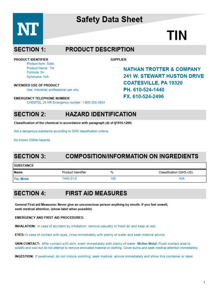 NT Tin SDS | PDF | Personal Protective Equipment | Resource ...