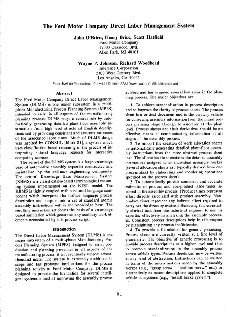 The Ford Motor Company Direct Labor Management System IAAI89-014 | PDF ...