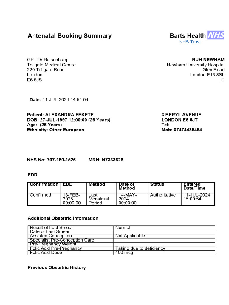Antenatal Booking Summary Barts Health NHS | PDF | Hepatitis | Childbirth