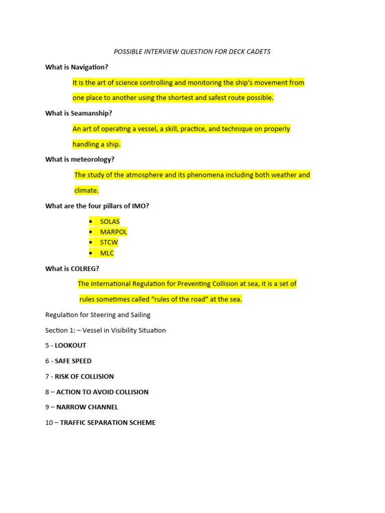Possible Interview Question For Deck Cadets | PDF