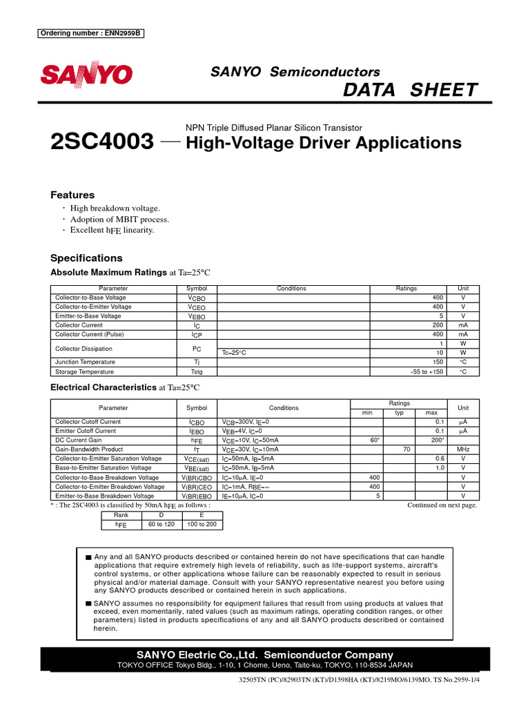 C4003 Sanyo | PDF | Bipolar Junction Transistor | Electrical Engineering