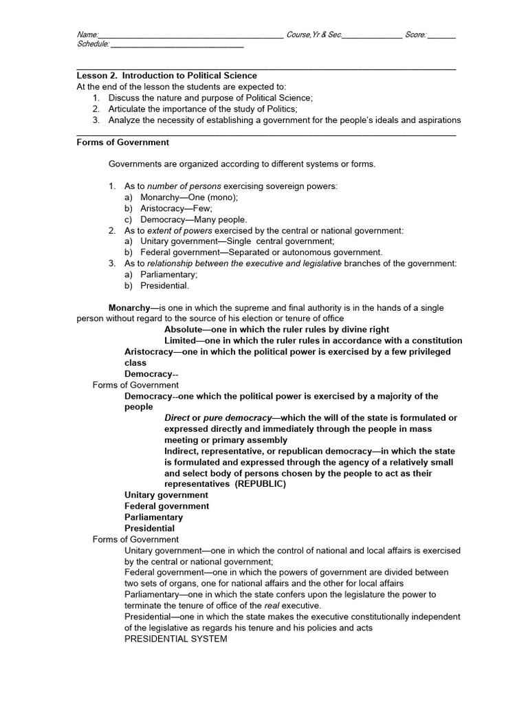 02 2 introduction To Pol Science PDF Government Constitution