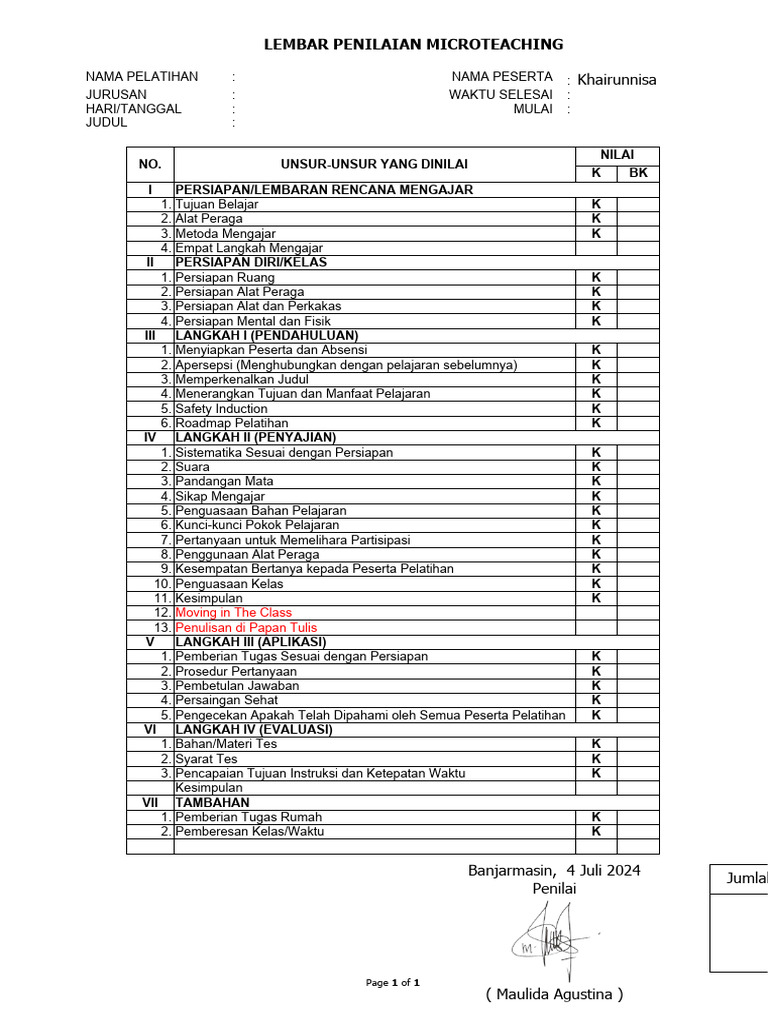 Lembar Penilaian Microteaching Khairunnisa | PDF