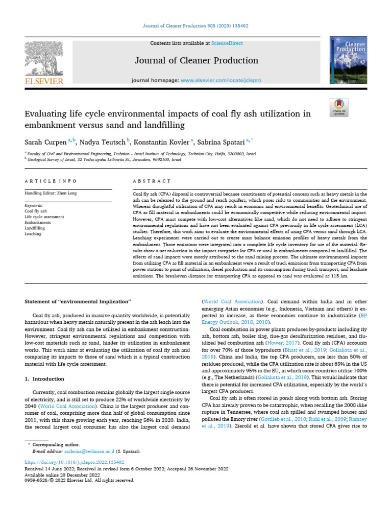 Evaluating Life Cycle Environmental Impacts of Coal Fly Ash Utilization ...