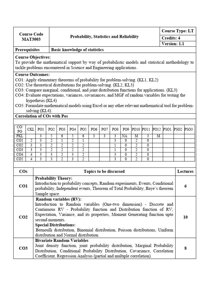 Mat3003 Probability,-Statistics-And-reliability LT 1.1 67 Mat3003 Probability, Statistics and ...
