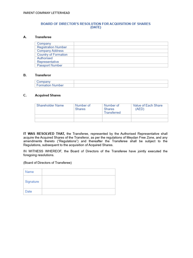Board of Directors Resolution - For Acquisition of Shares (Corporate) | PDF