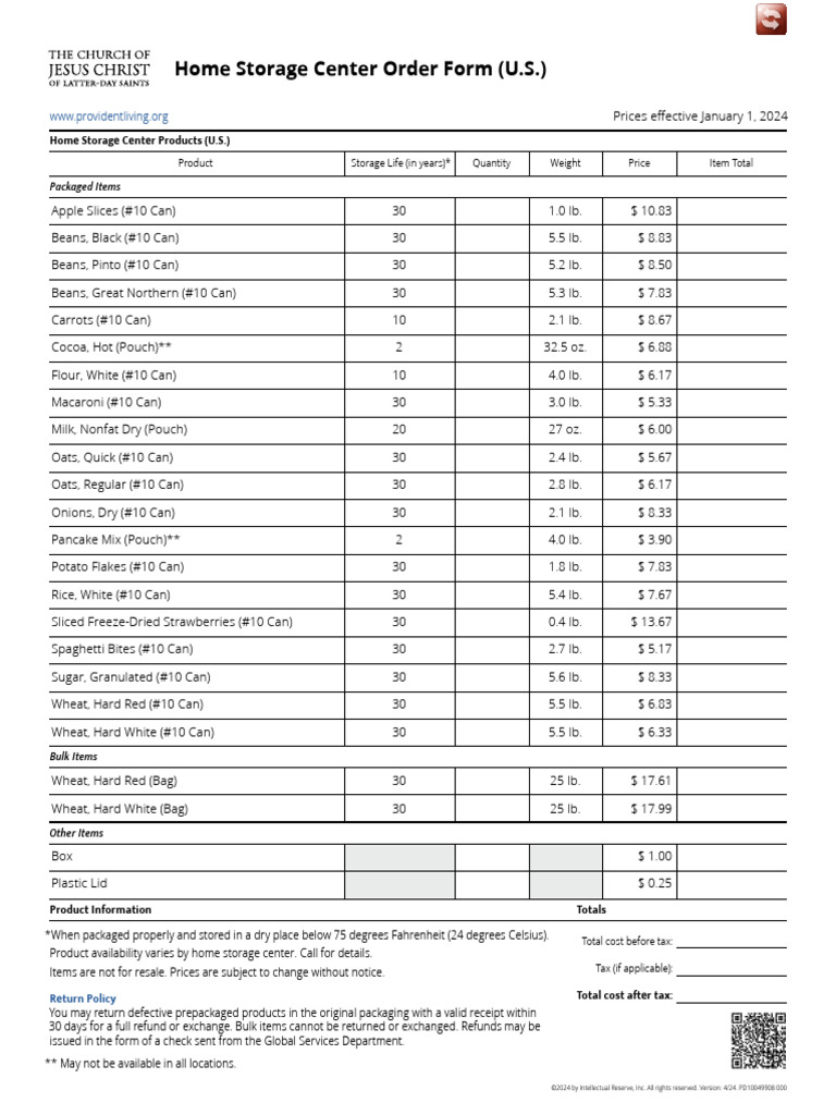 2024 Home Storage Order Form USA | PDF | Pancake | Foods