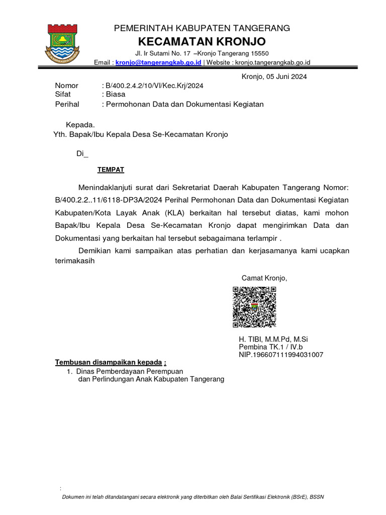 Permohonan Data Dan Dokumentasi Kegiatan Kabupaten Kota Layak Anak KLA | PDF