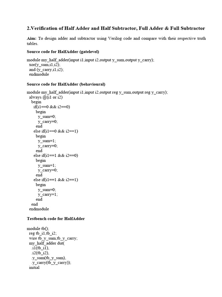 Verilog Code for Adders and Subtractors | PDF | Computer Programming | Computer Engineering