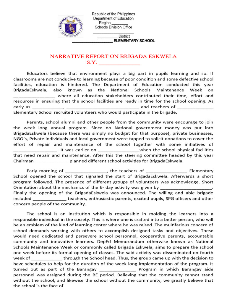 Brigada NARRATIVE Report | PDF | Teachers | Learning