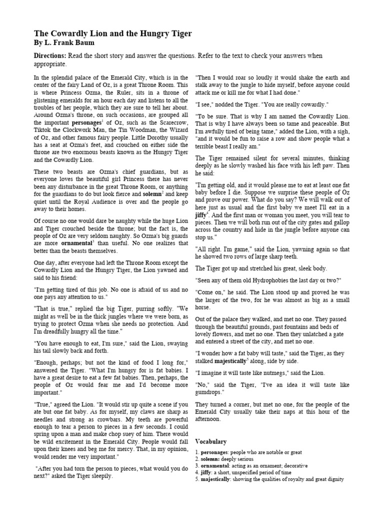 The Cowardly Lion and The Hungry Tiger | PDF | Cowardly Lion | Land Of Oz