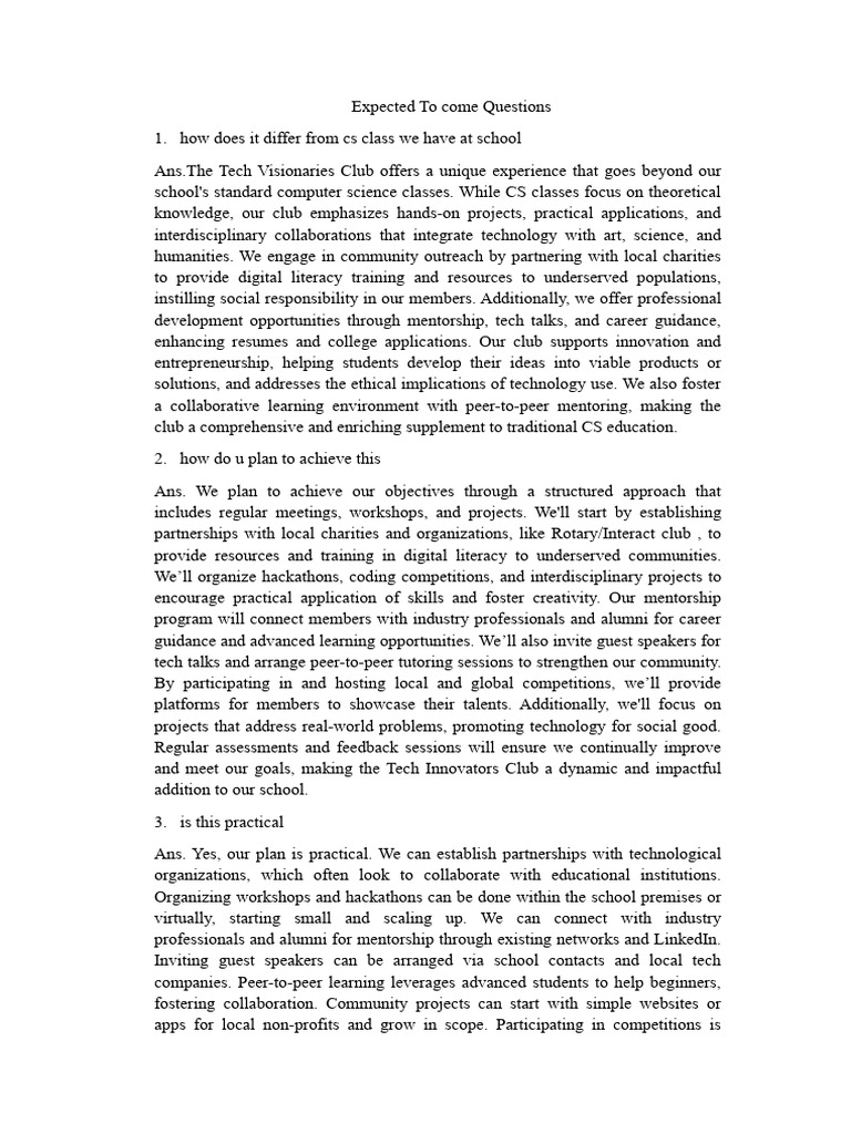 Expected To Come Questions | PDF | Mentorship | Innovation