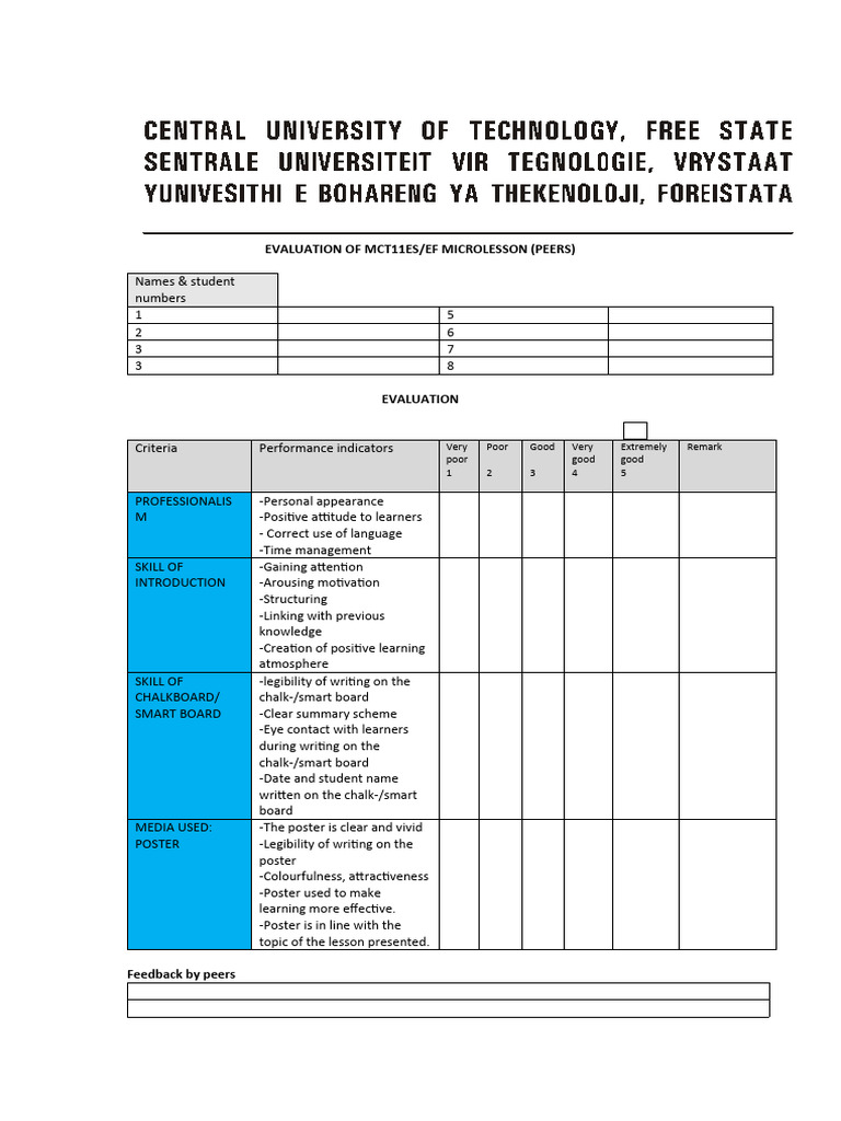 Peer Rubric For Micro Lesson Evaluation of Mct11esef | PDF | Career ...