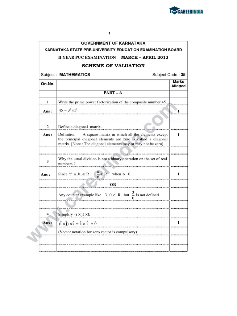 Karnataka Board Class 12 Mathematics Question & Answer Paper March 2012 ...