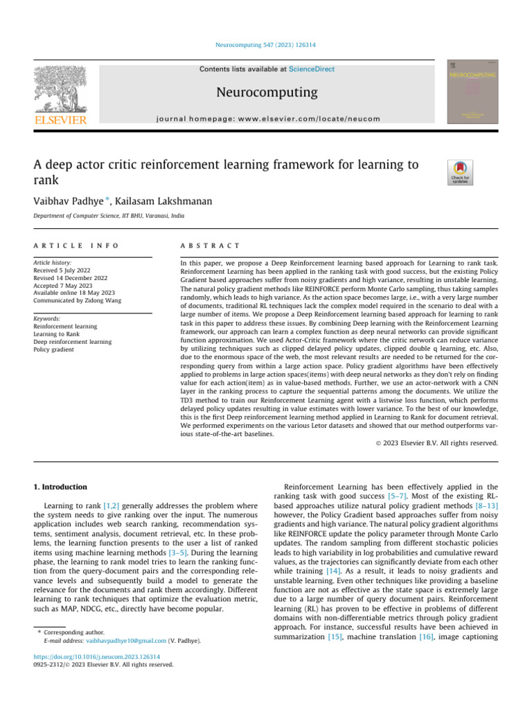 A Deep Actor Critic Reinforcement Learning Framework For Learning To Rank 2023 | PDF | Applied ...