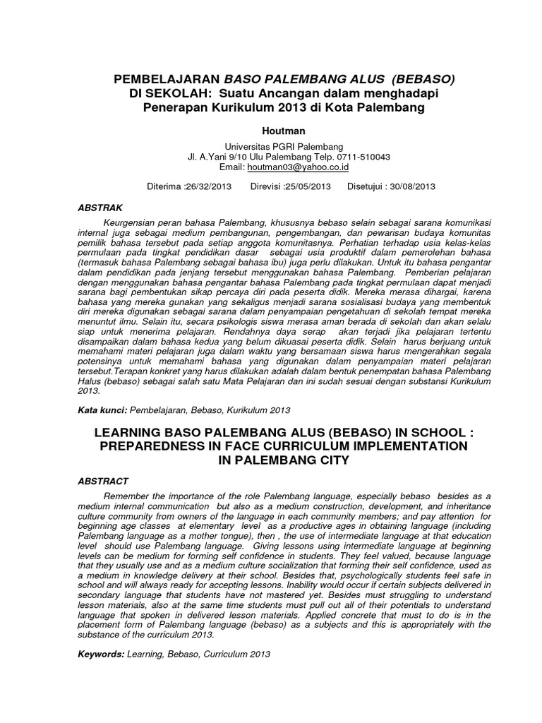 Pembelajaran Baso Palembang Alus (Bebaso) Di Sekolah | PDF