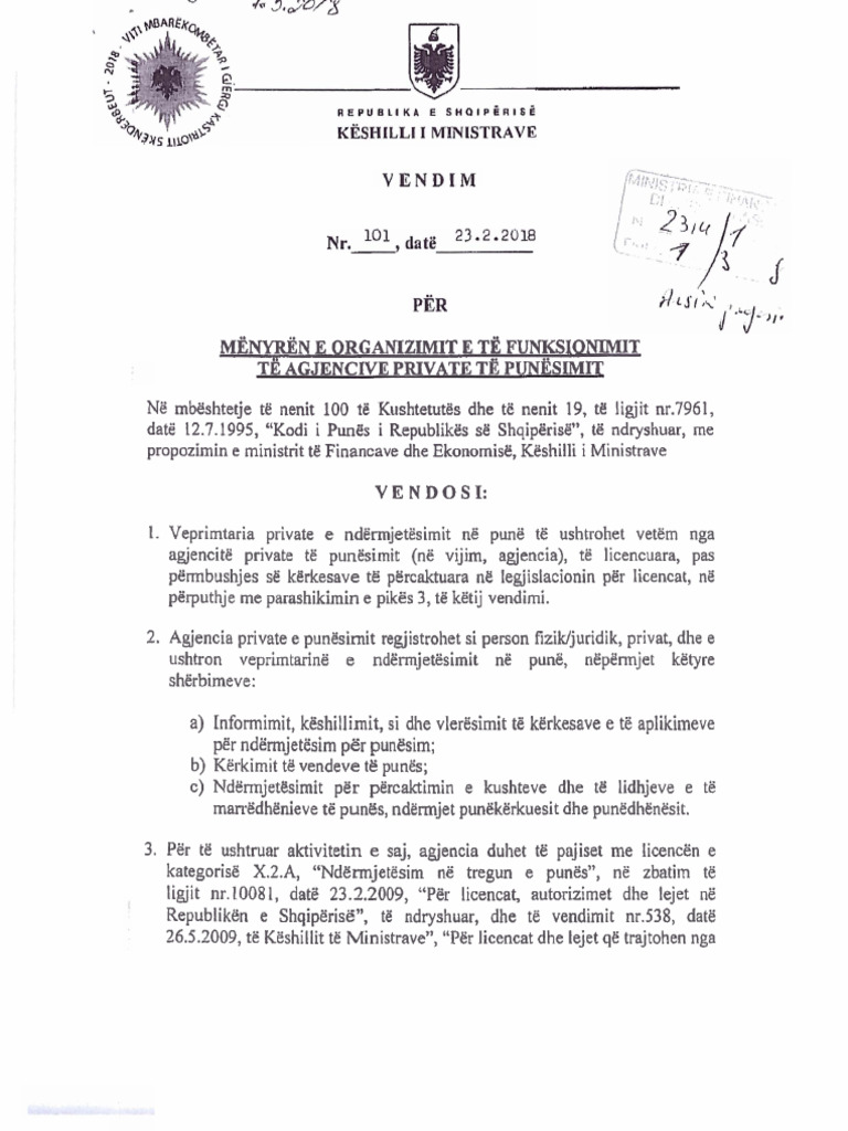 VKM Nr. 101, Date 23.02.2018 Per Menyren e Organizimit e Te ...