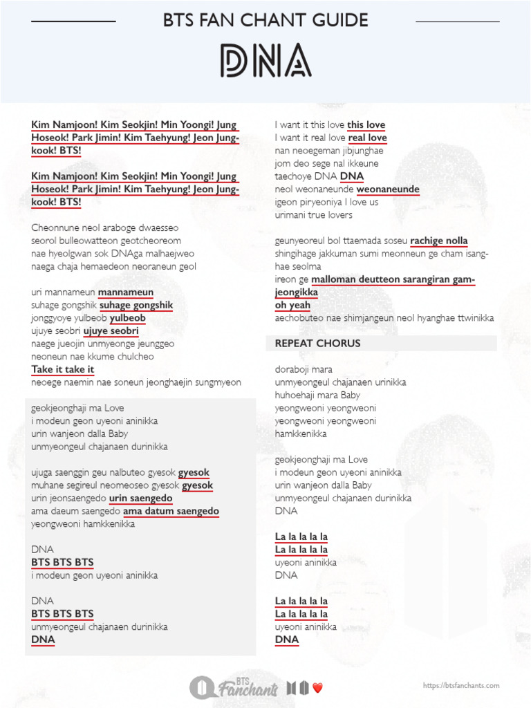 BTS DNA Lyrics and Fanchant Guide | PDF | Lifestyle