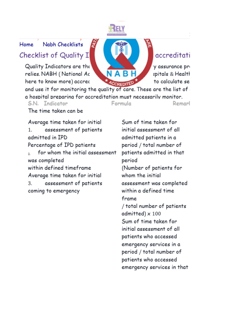 NABH Checklist - Rely Healthcare Technologies | PDF | Medical Error ...