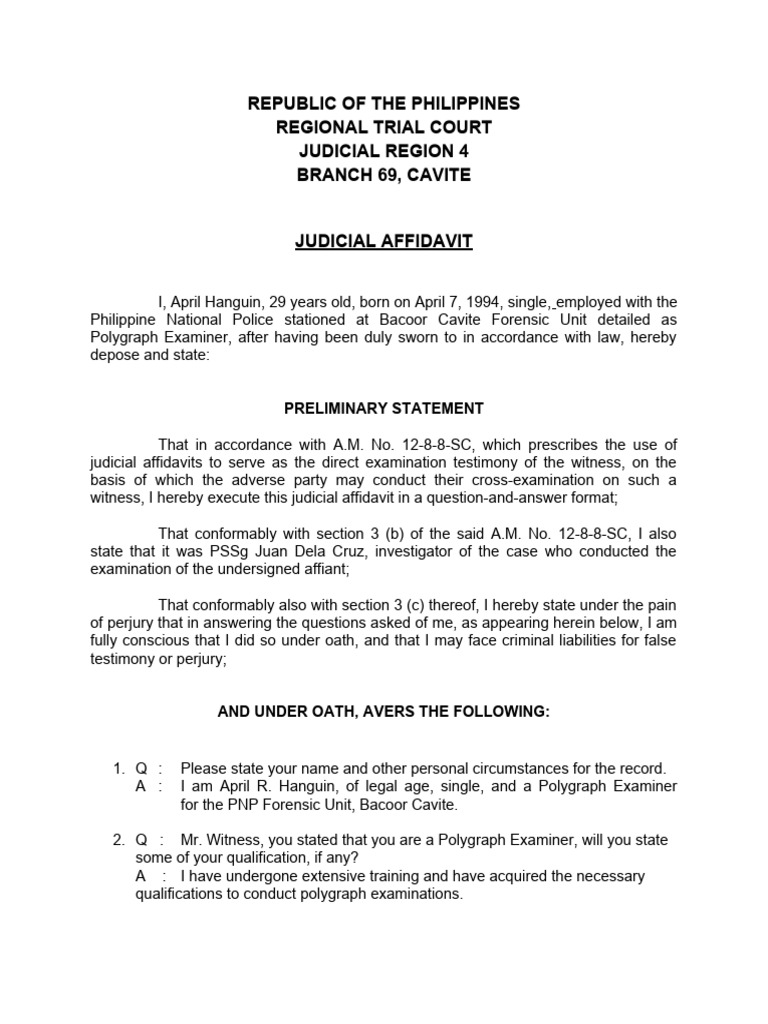 Judicial Affidavit April Hanguin | PDF | Polygraph | Affidavit