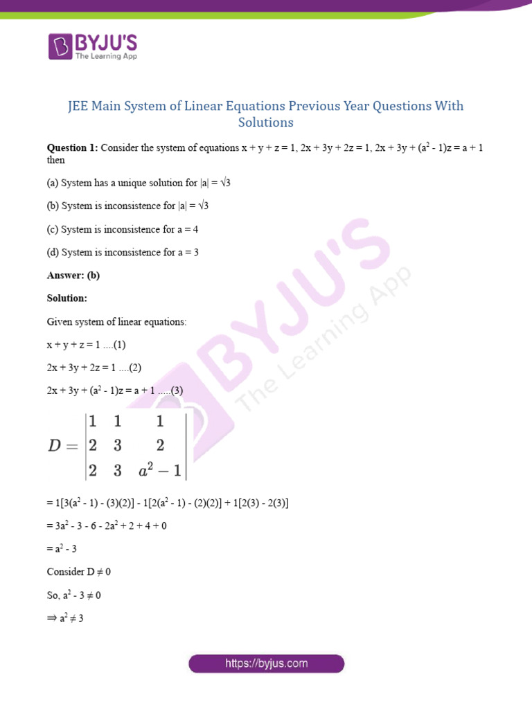 JEE Main System of Linear Equations Previous Year Questions With Solutions | PDF | Equations ...