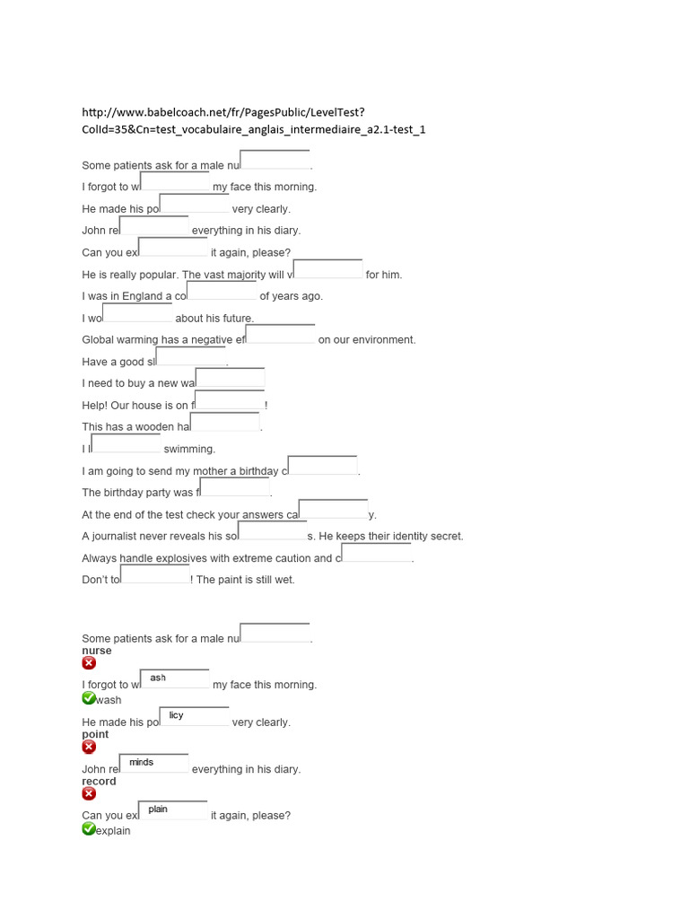 Test niveau A2 | PDF