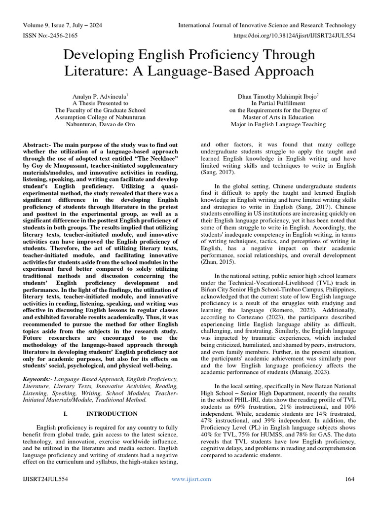 Developing English Proficiency Through Literature: A Language-Based Approach | PDF | Statistics ...