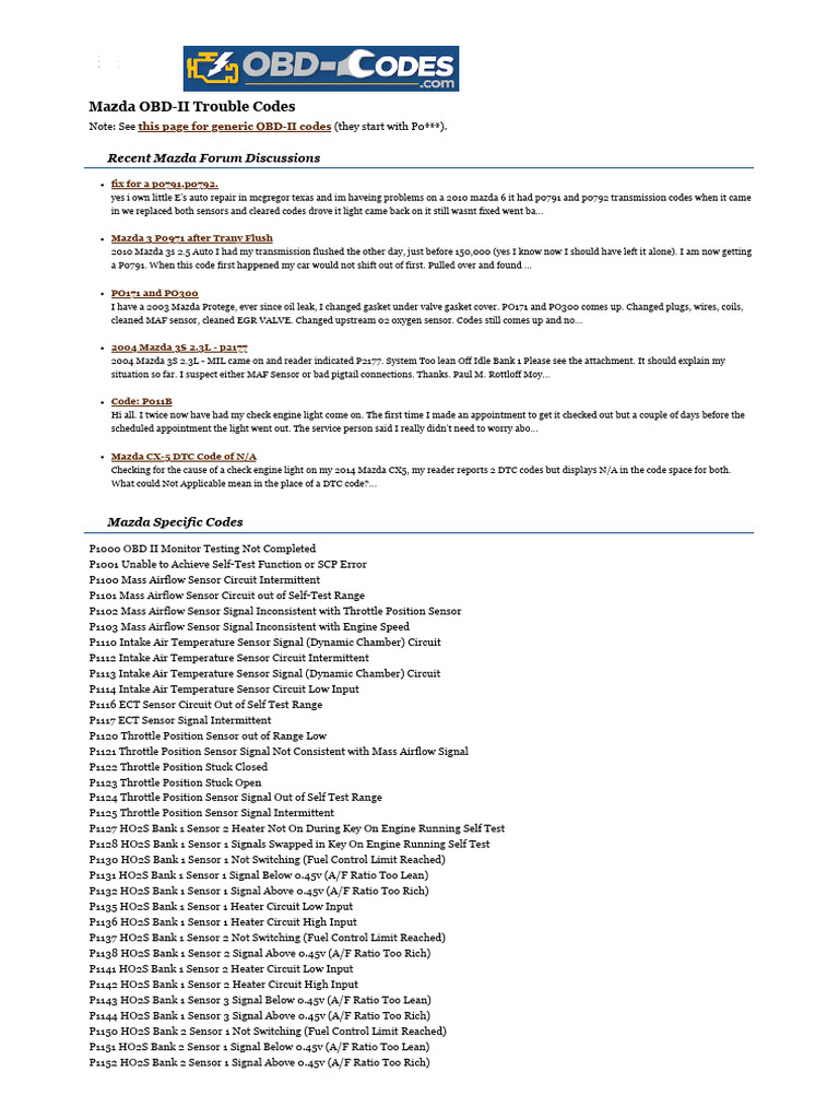 Mazda OBD-II Trouble Codes | PDF | Throttle | Mechanical Engineering